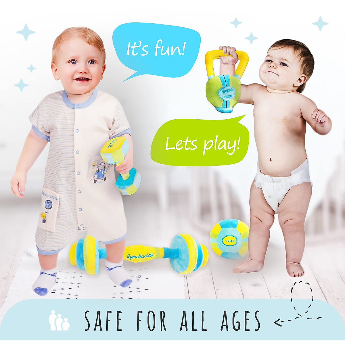 Skywin Baby Workout Toys Fit Training - Baby Shower Set of 4 Soft, Durable and Safe Plush Baby Rattle Toys for Ages 0+