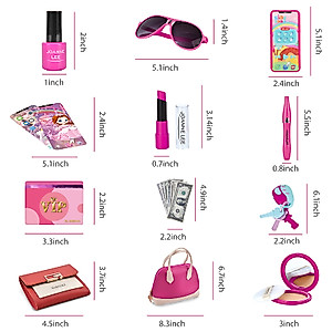 21Piece Girls Pretend Play Set ,My First Purse Toy with Handbag, Makeup Set, Sunglasses, Smartphone, Wallet, Car Keys, Credit Card Playset for Kids Gifts