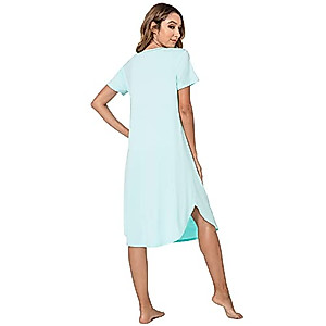 QUALFORT Womens Bamboo Nightgown Short Sleeve Sleepwear V Neck Loungewear Side Slit Soft Nighdress Aqua Green Medium