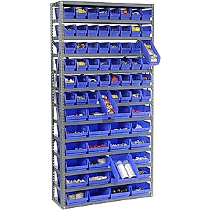 Global Industrial 13 Shelf Steel Shelving with (72) 4" H Plastic Shelf Bins, Blue, 36x12x72