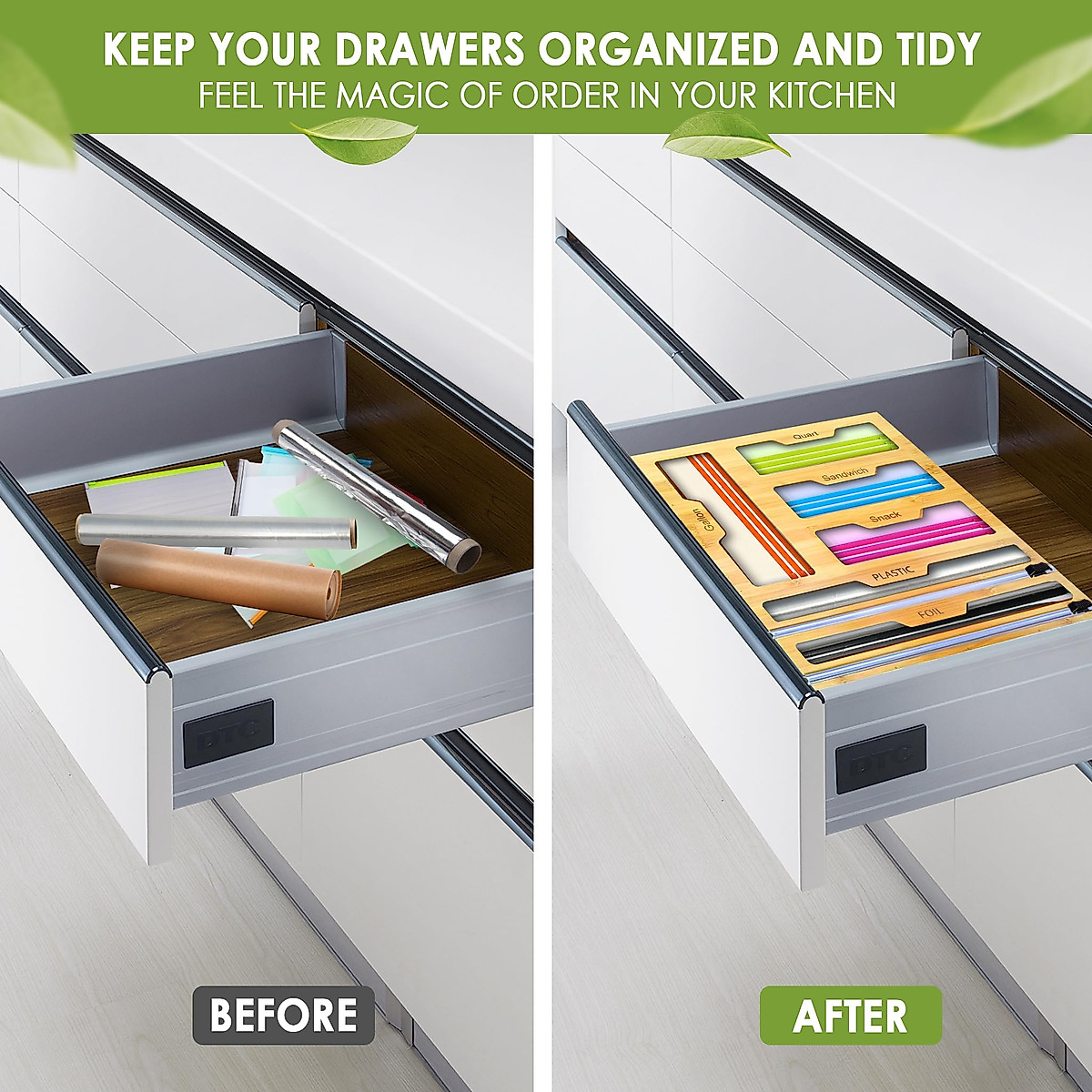 SERHINA Storage Bag Organizer for Kitchen Drawer - Foil and Plastic Wrap Organizer with Cutter - Plastic Bag Organizer - Food Baggie Storage for Sandwich Snack Gallon Quart