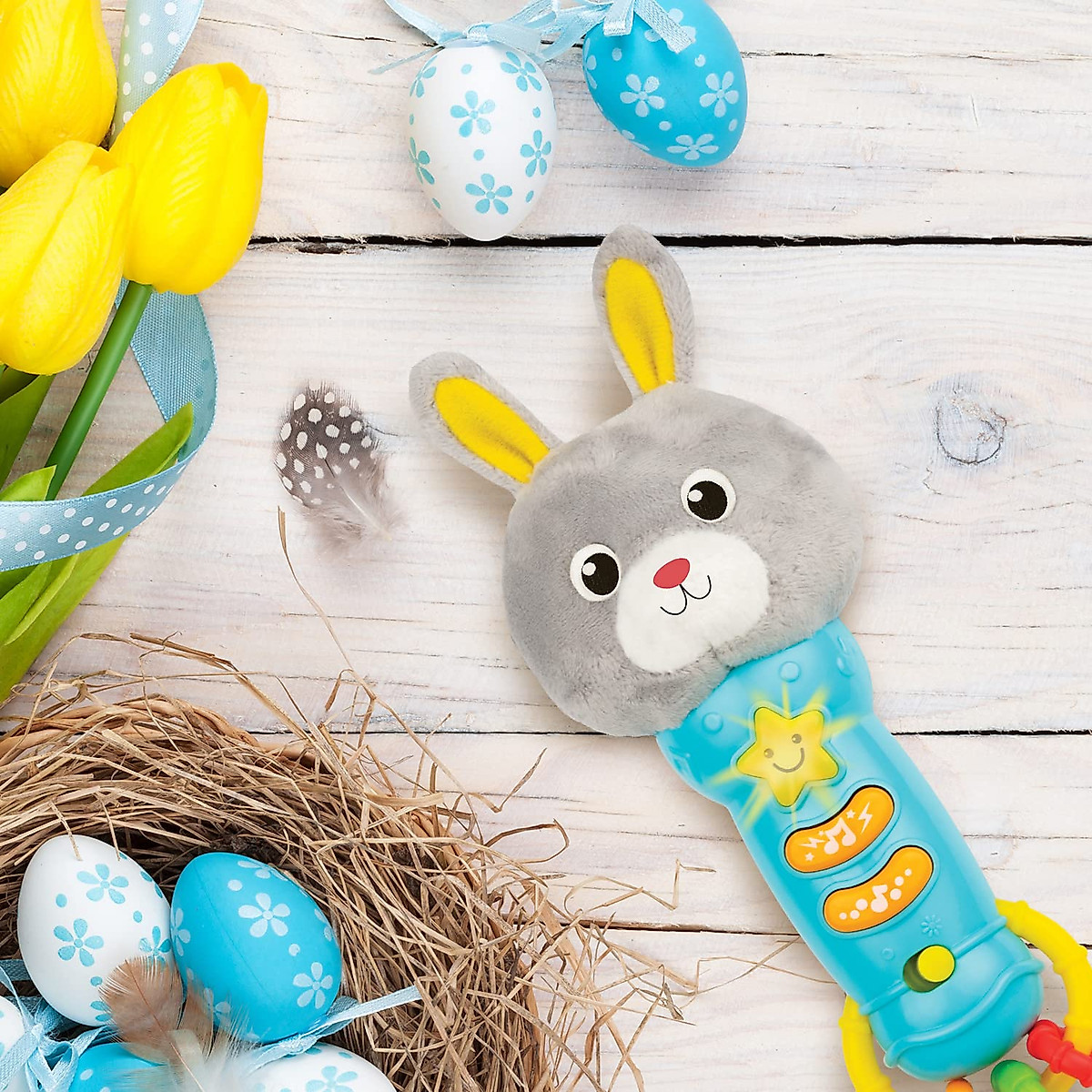 Bambiya Easter Bunny Baby Teething Toy for 6 Months and Up - Baby Teether, Rattle & Musical Toy with Lights, Fun Sound Effects - Baby Easter Basket Stuffer