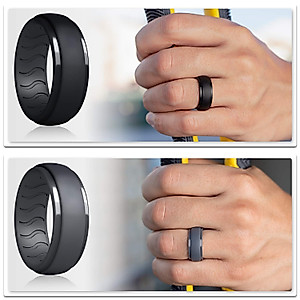 Dookeh Breathable Mens Silicone Wedding Rings, Rubber Ring Bands For Men, Black Blue Camo Engagement Band, Best for Workout, 1-4-7 Pack (W3-Titanium,Dark Gray,Cast Iron,Black, 10)