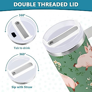 Wusikd Cute Pink Pig Tumbler Handle Lid and Straw Flowers Water Bottle Stainless Steel Coffee Travel Tumbler Mug Cup Gifts for Men Women 40oz