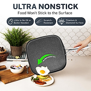Granitestone 2 Pack Nonstick 10.5” Grill Pan + Flat Griddle Pan for Stove Top with 3x Coated Surface Perfect for Eggs Pancakes Steaks and More, Stove Top Griddle for Gas Grill, Oven Safe, PFOA Free