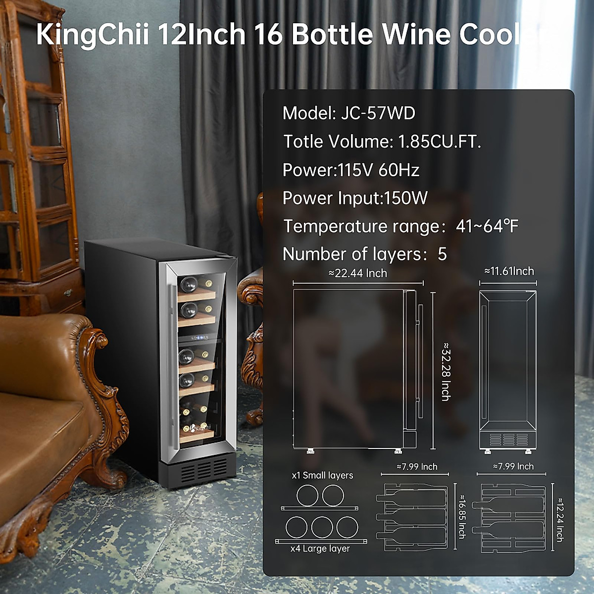 KingChii 12Inch 16 Bottle Dual Zone Wine Cooler Refrigerator Professional Compressor, Stainless Steel & Tempered Glass For Red Wine, Champagne - Built-in or Freestanding for Home, Kitchen, or Office