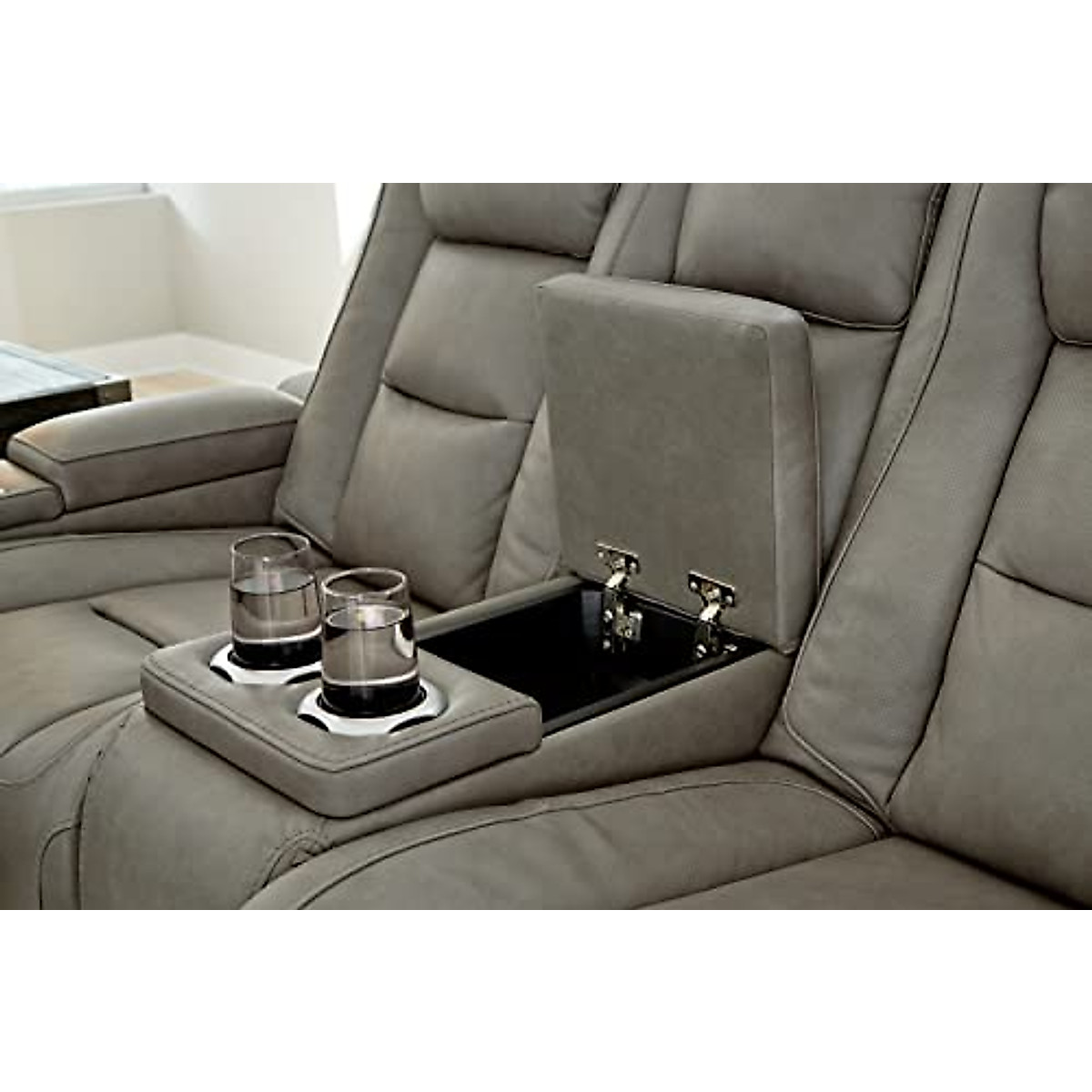 Signature Design by Ashley The Man-Den Leather Power Reclining Loveseat with Center Console, Adjustable Headrest & Wireless Charging, Gray