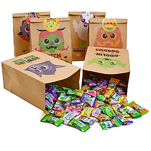 JOYIN 24 PCS Halloween Kraft Paper Treat Bags with Character Designs, Halloween Candy Bag with Kraft Paper Bag & Sticker, Halloween Candy Gift Bags for Party Favor Party Supplies