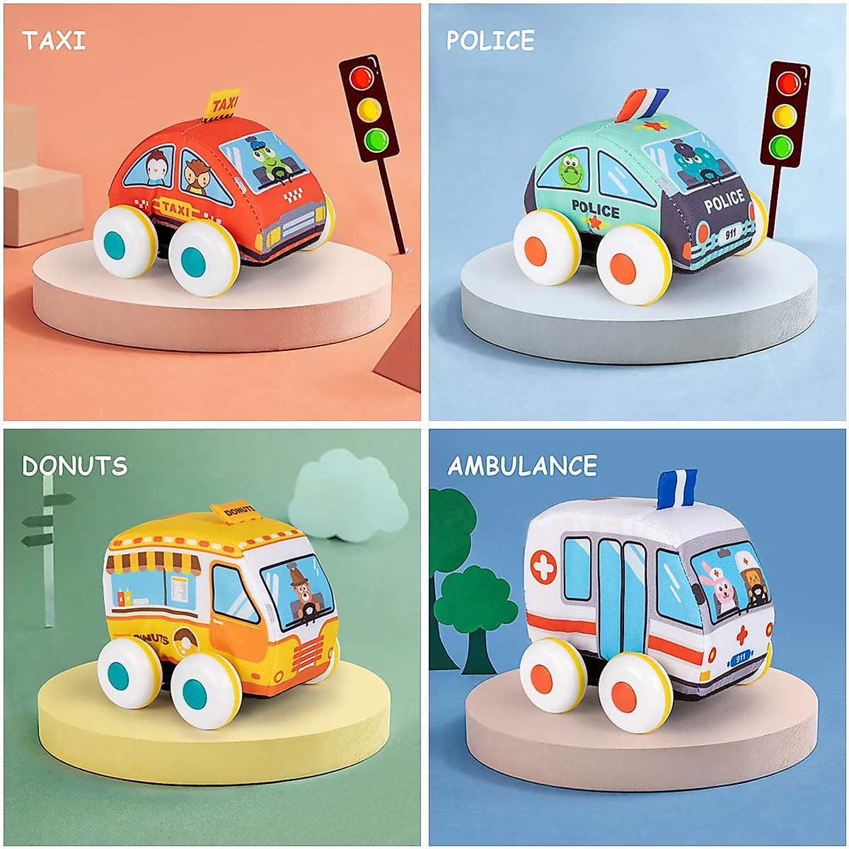 UNIH Pull-Back Vehicle Baby Toys of Soft Plush Car Set with Play Mat (Storage Bag), for Toddlers Aged 1 2 3 Year Old Gift