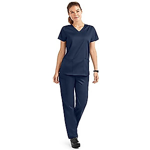 Strictly Scrubs Stretch Women’s Four Way Stretch Scrub Set – Includes V-Neck Top and Pant (Medium Petite, Navy)