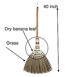 SKENNOVA - Thai Vintage Retro Grass Broom Stick, Long Handle Hand Grip The Reed Tree with Grass Durable Broom Housewarming Gifts Asian Broom 40 inch (Kong Grass, Length 40 inch)