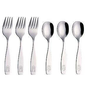 ANNOVA Kids Silverware 6 Pieces Children's Safe Flatware Set Stainless Steel - 3 x Forks, 3 x Children Tablespoons, Toddler Utensils, Metal Cutlery Set for LunchBox (Engraved Dog Bunny)