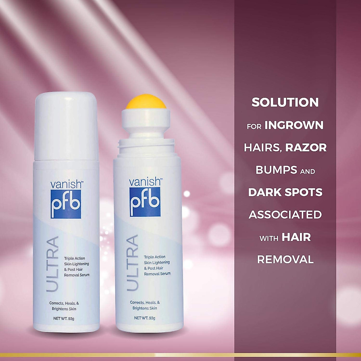 PFB Vanish Ultra with Chromabright & Shitake Mushroom, Triple Action Dark Spot Remover, Ingrown Hair & Razor Bump Stopper, Roll-On Skin Care Treatment, 93g – New Formula