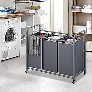 Laundry Sorter 3 Bag Laundry Hamper Cart with Rolling Lockable Wheels and Removable Bags Laundry Organizer Cart for Clothes Storage