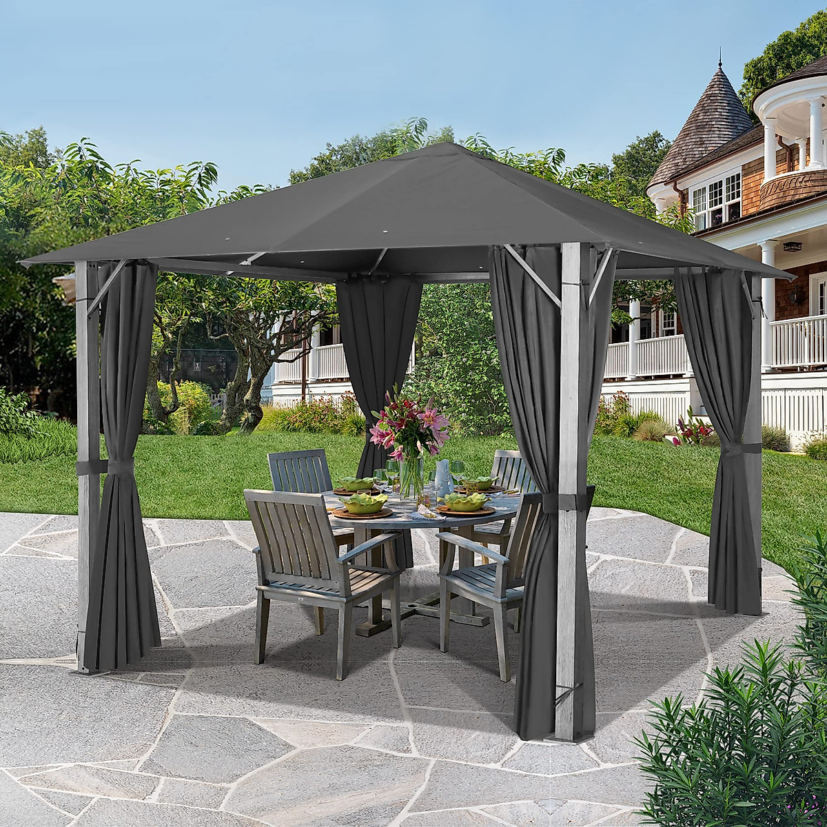 Raysfung 10' x 10' Gazebo Aluminum Frame Outdoor Gazebo with Curtain Canopy Shelter with Sidewalls, Vented Roof for Garden, Patio, Backyard (Grey)