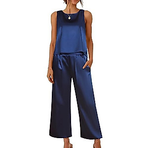 Ekouaer Women Satin Silk Pajamas Sets 2 Piece Pj Sets Sleeveless Tops and Long Pj Pant Set Soft Sleepwear Crewneck Cami Navy Blue Large