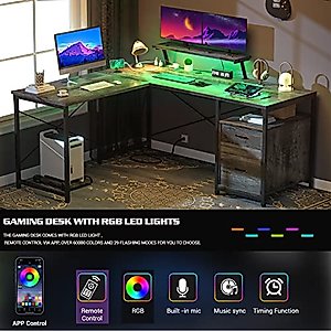 Unikito L-Shaped Desk with Power Outlet and LED Strip, L Shaped Computer Corner Desk with Reversible File Drawer and Monitor Stand, Gaming Table Writing Desk for Home Office Workstation, Black Oak