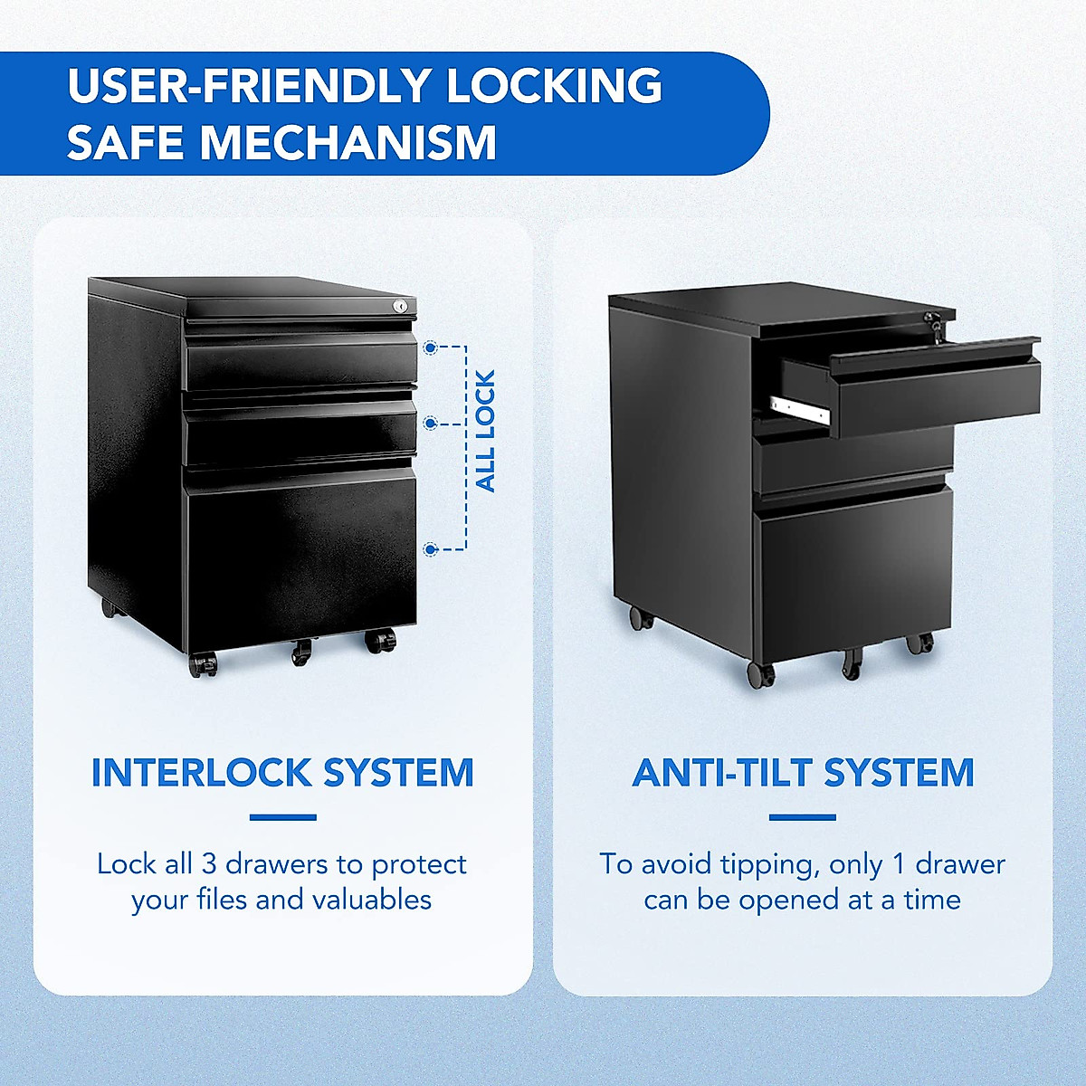 FLEXISPOT 3 Drawer File Cabinet for Home Office,Metal Mobile Filing Cabinet Under Desk Storage with Lock Keys,File Organizer Cabinet for Legal/Letter/A4 File,Fully Assembled Except Wheels,Black