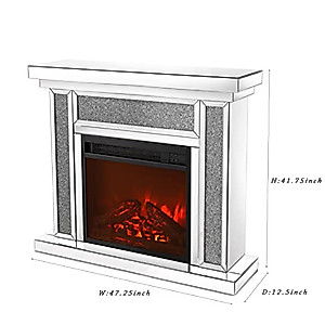 DEINPPA Mirrored Electric Fireplace with Remote Control and Faux Diamonds, Freestanding Mantel Heater Firebox with 3D Flames for Living Room, 1500W Electric Heating Furnace