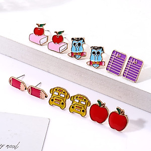 NLCAC Teacher Stud Earrings for Women Colorful Enamel Pencil Book Back To School Earrings Teacher Appreciation Gifts 6 Pairs