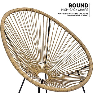 MoNiBloom 3 Piece Patio Set All Weather Outdoor Furniture Conversation Bistro Set with Plastic Rope, Glass Top Table and 2 Metal Steel Chairs for Garden Deck and Backyard Natural