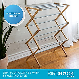 BIRDROCK HOME Wooden Clothes Drying Rack | 3-Tier Foldable Bamboo Laundry Stand | Water-Resistant, Fully Assembled, Collapsible Indoor/Outdoor Dryer for Hanging Clothes | Grey