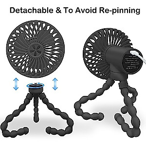 Stroller Fan Portable Fan Personal Fan with Flexible Tripod Clip-on for Baby, USB Fan Rechargeable Battery Operated, Small Handheld Fan Cooling for Travel, Car Seat, Camping, and Bedroom, Black