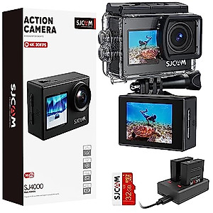 SJCAM Upgraded SJ4000 Action Camera 4K Ultra HD Dual Screen Underwater Camera 98FT Waterproof, 170° Wide Angle, Stabilization, 5X Zoom, WiFi Camera with Extra Battery, SD Card, Helmet Accessories Kit