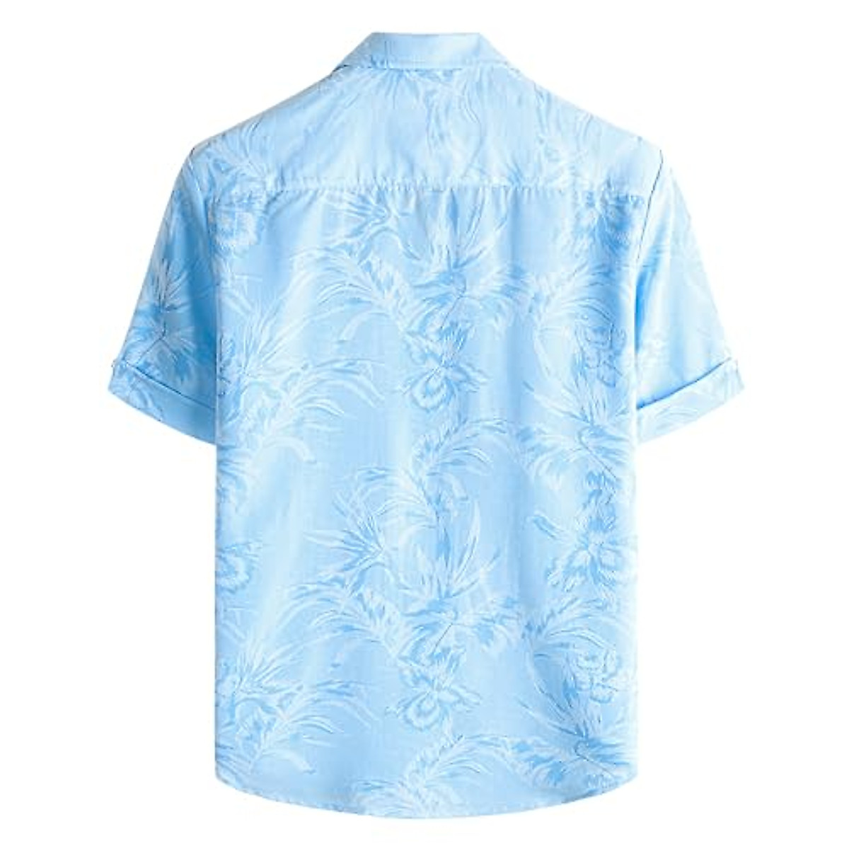 VATPAVE Mens Hawaiian Floral Jacquard Shirt - Casual Button Down Short Sleeve Summer Shirt With Pocket - X-Large Light Blue Silk