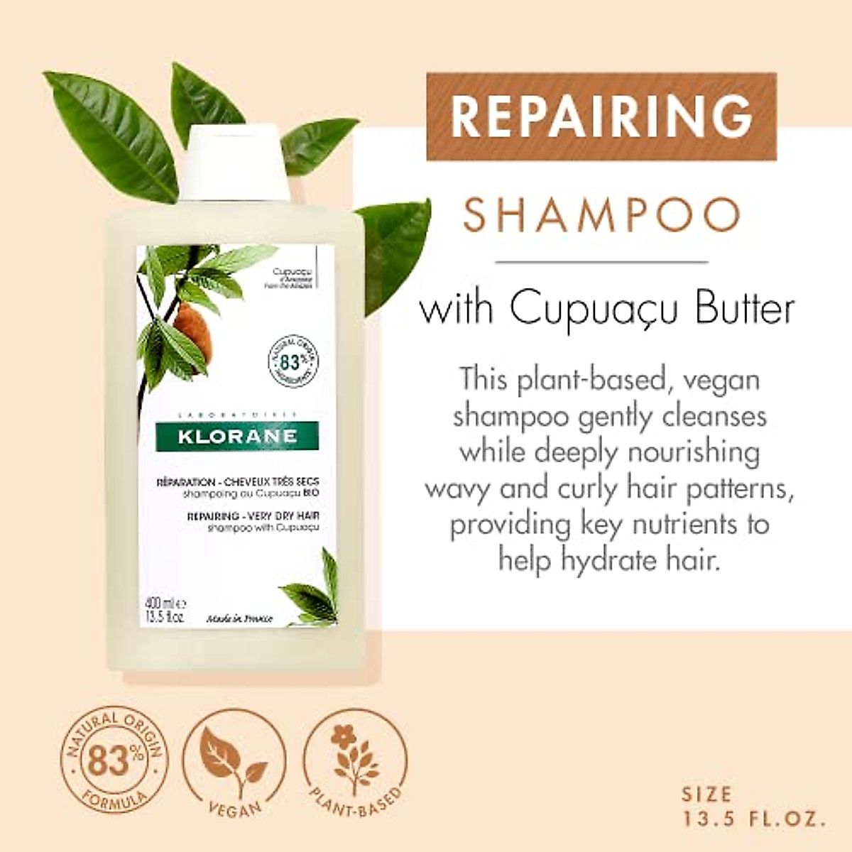 Klorane Shampoo with Organic Cupuaçu Butter, Nourishing & Repairing for Very Dry Damaged Hair, SLS/SLES-Free, Biodegradable, 13.5 fl. oz.