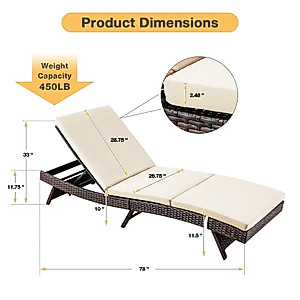 Vicluke Patio Chaise Lounge Chair, Outdoor Rattan Wicker Reclining Chaise with Adjustable Backrest and Removable Cushion, Pool Lounge Chair Sun Lounger for Poolside, Balcony, Garden (1 Piece, Khaki)