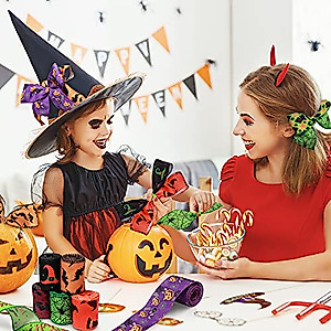 8 Rolls Halloween Ribbon Printed with Spotted Purple Spider Webs Pumpkin Bats Pumpkin Spider Webs, 80 Yards(8 Roll x 5 yd) * 2.5 inch Grosgrain Ribbon for Halloween Wreath DIY and Party Decor.