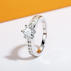 Moissanite Engagement Rings 1ct D Color VVS1 Clarity Round Brilliant Cut Channel Set Lab Created Diamond S925 Sterling Silver 6 Prong Solitaire Promise Wedding Rings Christmas Gift for Women with Certificate(6)