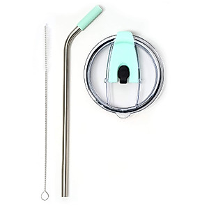 Spill Proof Tumbler Lid with Angled Stainless Steel Straw + Silicone Straw Tip + Straw Cleaning Brush for Yeti Rambler or Ozark Trail Tumblers (30oz, Seafoam)