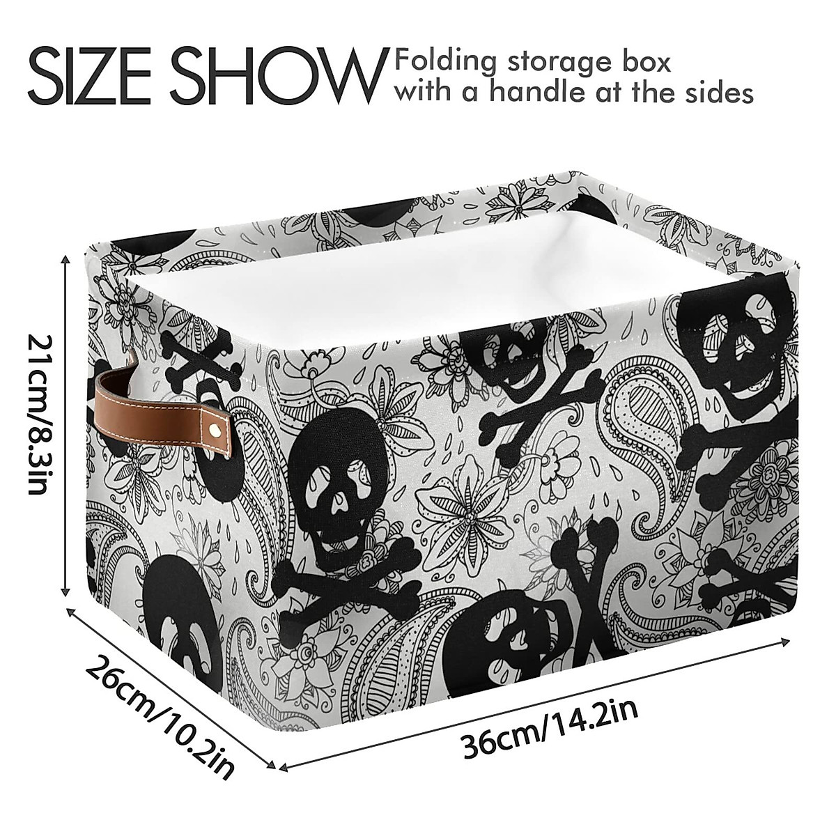 Large Foldable Storage Basket Skull Black Gothic Storage Bin Canvas Toys Box Fabric Decorative Collapsible Organizer Bag with Handles for Bedroom Home