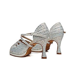 Minishion Women's Dance Heel Platform Toe Rhinestone Dancing Shoes L458 Silver US 4