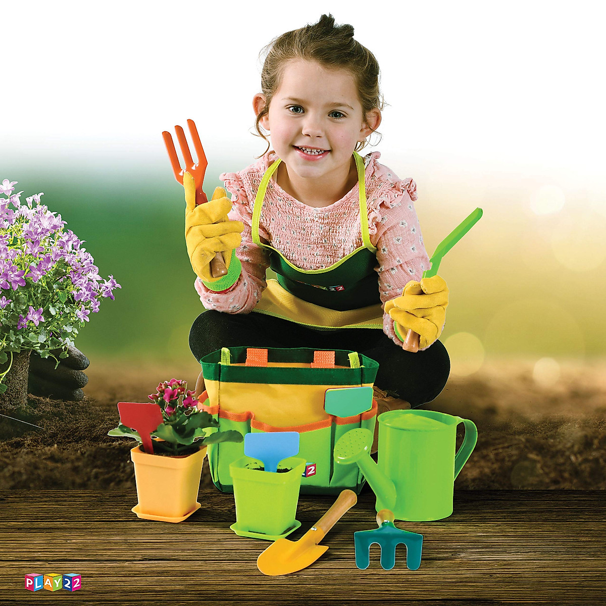 Play22 Kids Gardening Tool Set 12 PCS - Kids Gardening Tools Shovel Rake Fork Trowel Apron Gloves Watering Can and Tote Bag, Toddler Gardening Tools for Kids Best Outdoor Toys Gift for Boys and Girls