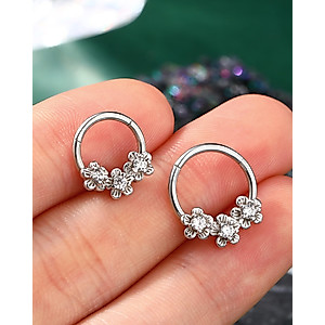 COCHARM 16g Flower Cute Daith Piercing Jewelry Surgical Steel Clear CZ Daith Earrings Hypoallergenic Septum Rings for Women