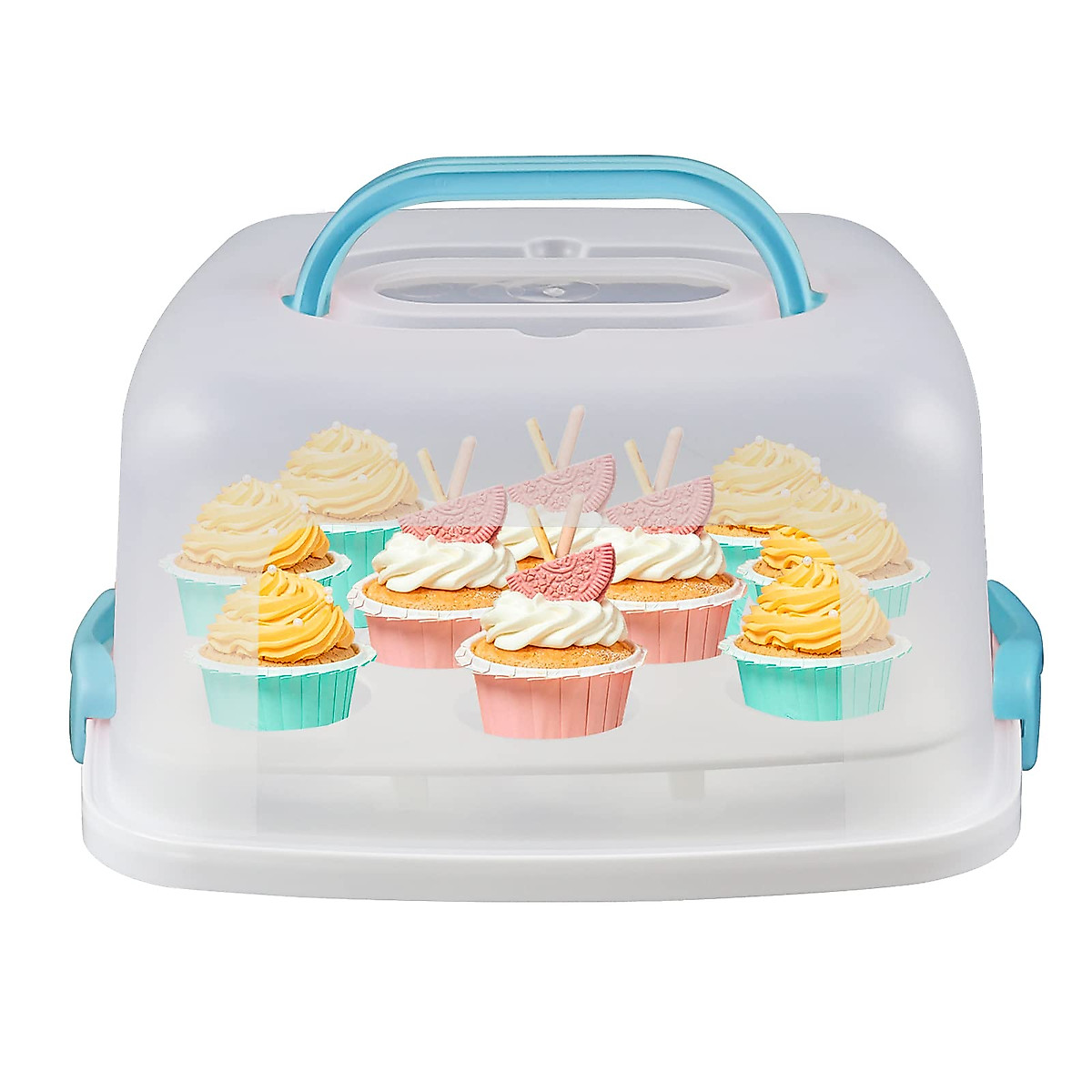 DIIRPPR 2 in1 Square Cupcake Carrier and Cake Keeper with Lid, Christmas Party Container with Cupcake Carrier Holder Trays Holds Up to 12 Cupcakes or 1 10" Cake, Dishwasher Safe (Blue)