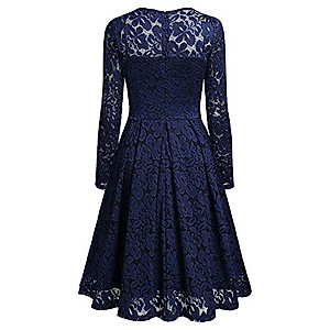 MISSMAY Women's Vintage Floral Lace Long Sleeve V Neck Cocktail Formal Swing Dress (Large, Navy Blue)