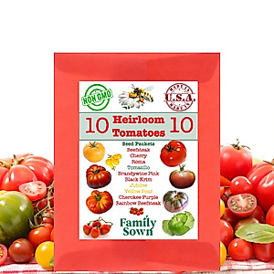Heirloom Tomato Seeds by Family Sown - 10 Seed Packets of Non GMO Heirloom Tomatoes Including Brandywine, Roma, Tomatillo, Cherry Tomato Seeds and More in Our Seed Starter Kit