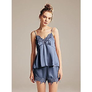 AW BRIDAL Womens Pjs Sets Silk Bride Bridesmaid Pajamas Lace Satin Short Pajama Set for Women Sexy Lingerie for Wedding Bridal Party, Dusty Blue XL