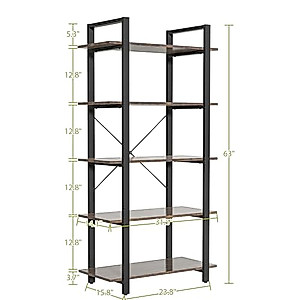 WEASHUME 5 Shelf Vintage Industrial Rustic Bookshelf, Metal and Wood Bookshelf Furniture Farmhouse Wooden Bookshelves for Home Living Room Bedroom Office Storage (Vintage Brown)