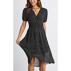 PRETTYGARDEN Casual Summer Dresses for Women Knee Length Polka Dot Floral Printed Short Sleeve Wrap Dress Midi Button Down Dress for Women Wedding Guest (Black, Medium)