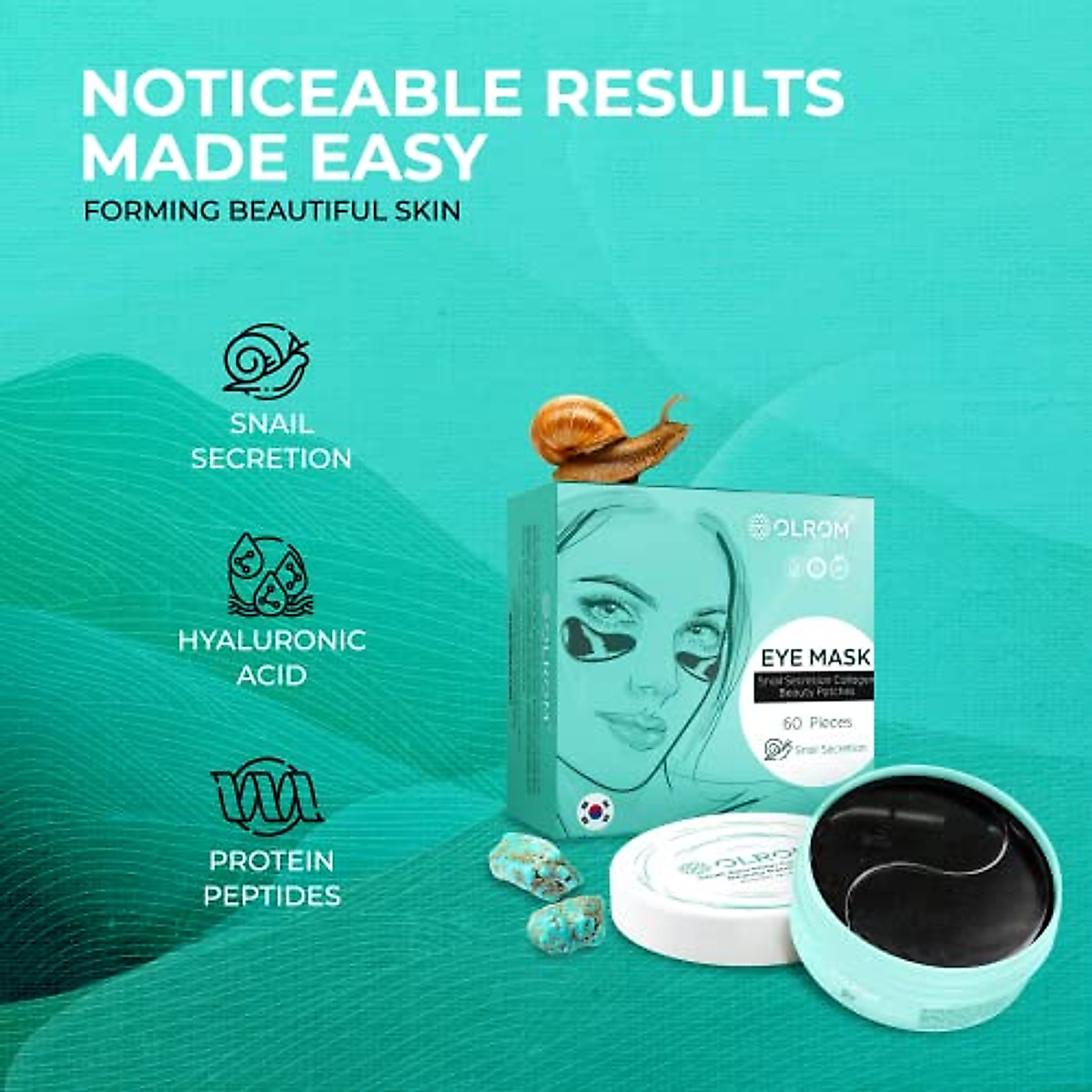 Olrom Korean Skin Care Depuffing Eye Patches: 60-Pack of Hydrating Under Eye Masks with Collagen & Snail Secretion for Dark Circles & Under Eye Puffiness