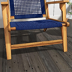 Outsunny Patio Acacia Wood Adirondack Chair, Modern Wood Fire Pit Chair with PP Rope Weave, Coconino Lounge Chair with High Backrest Support, Dark Blue