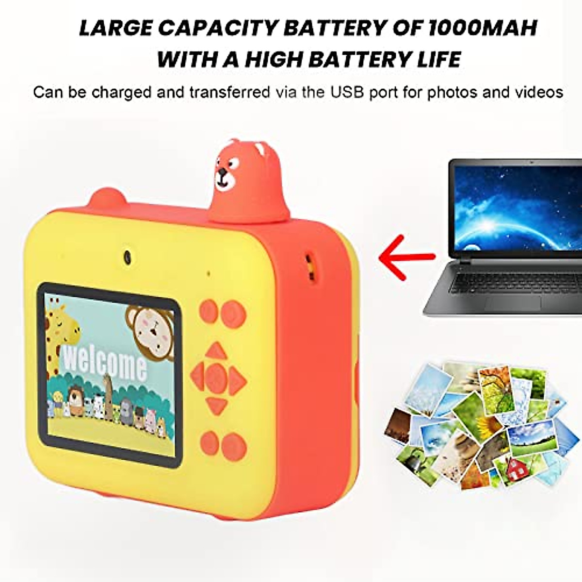 Kids Printing Camera, Print Camera 2.4 Inch USB Port 1000mAh Battery LCD Screen for Travel Yellow