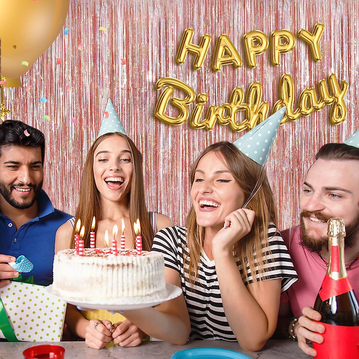 Rose Gold Foil Party Streamers 2 Pack Metallic Tinsel Fringe Curtain 3.3X 8.3ft Streamer Curtains Anniversary Thanksgiving Christmas Party Photo Booth Tinsel Curtain Streamers for Parties Decoration