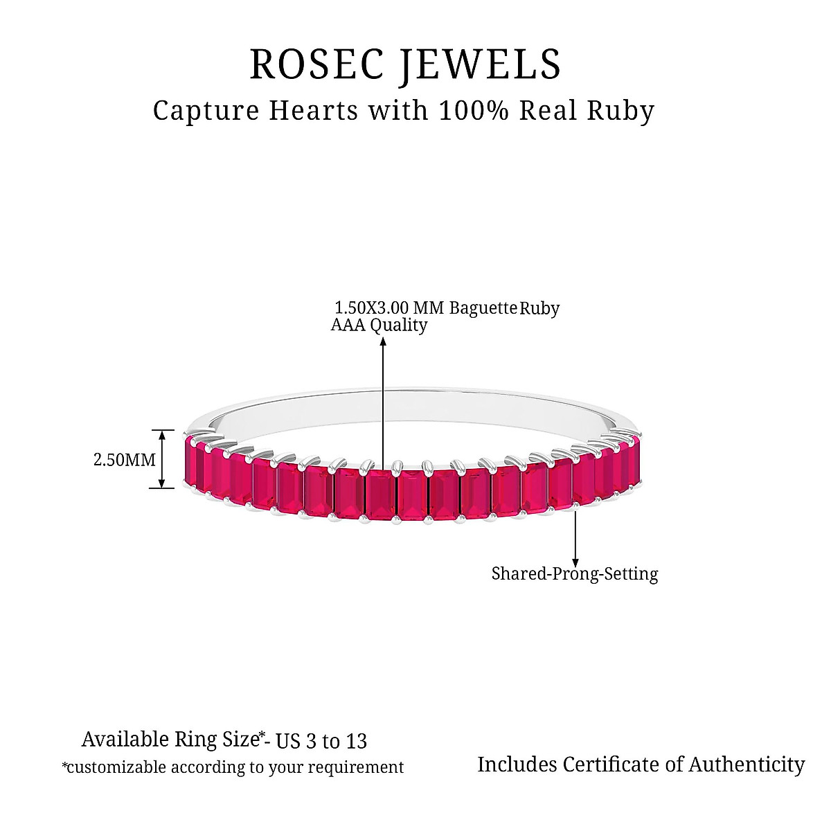 Baguette Ruby Eternity Anniversary Band for Women, July Birthstone Jewelry, Aaa Quality, 14K White Gold, Size:US 7.50