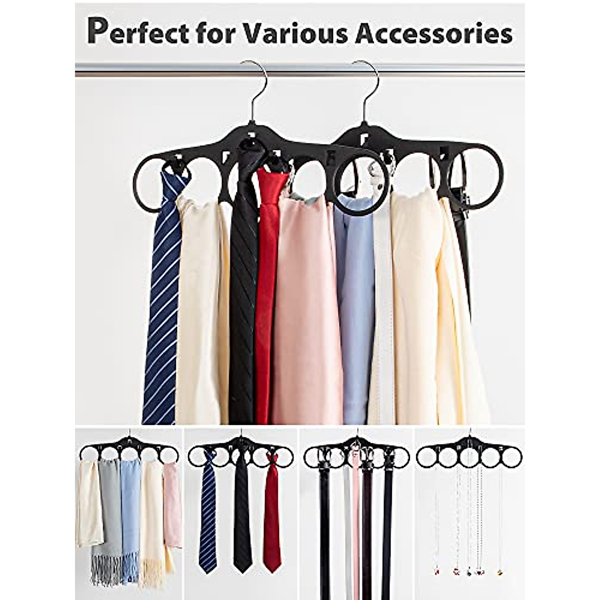 SMARTAKE 2-Pack Scarf Hangers, 5 Loops Tie Rack & Belt Holder with Hooks, 360 Degree Rotatable Accessories Holder, Non-Slip Durable Hanging Closet Organizer for Belts, Bow Ties, Silk Scarves, Jewelry